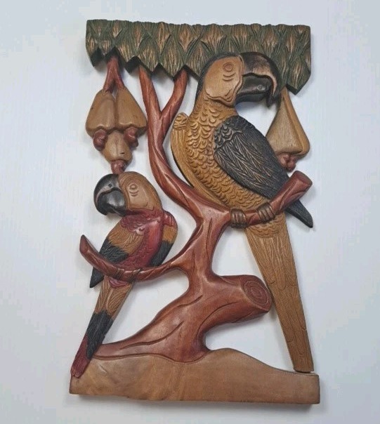 Handcarved & Painted Wooden Parrots Perch On A Cashew Tree Tropical ...