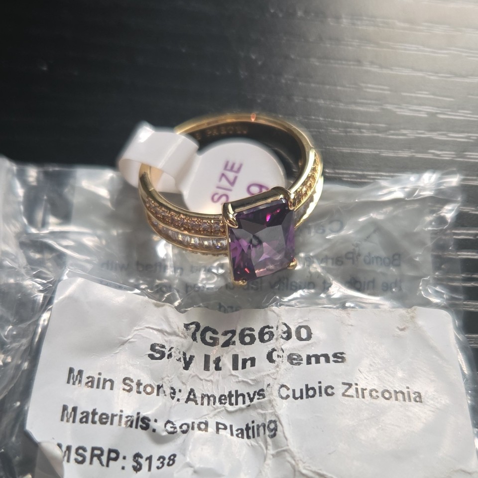 Bomb Party Amethyst Rectangle Cocktail Gold Plated Ring Size 9 RG26690 ...