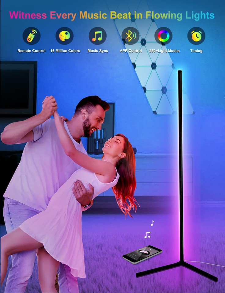 Corner Floor Lamp,65” Color Changing LED Floor Lamp with Music Sync ...