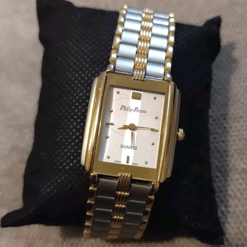 Philip Persio Watch Mens Formal Rectangular New Battery Quartz Gold ...