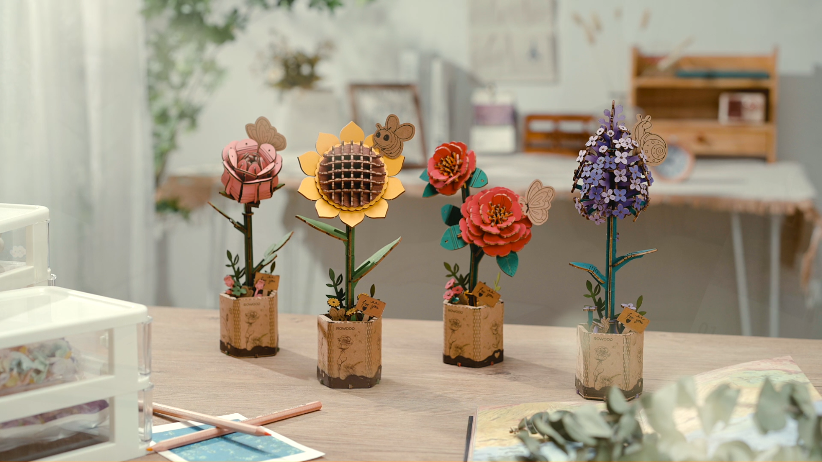 Rowood 4-Types Flowers Bouquet DIY 3D Wooden Puzzle Decor Mom's/Lover ...