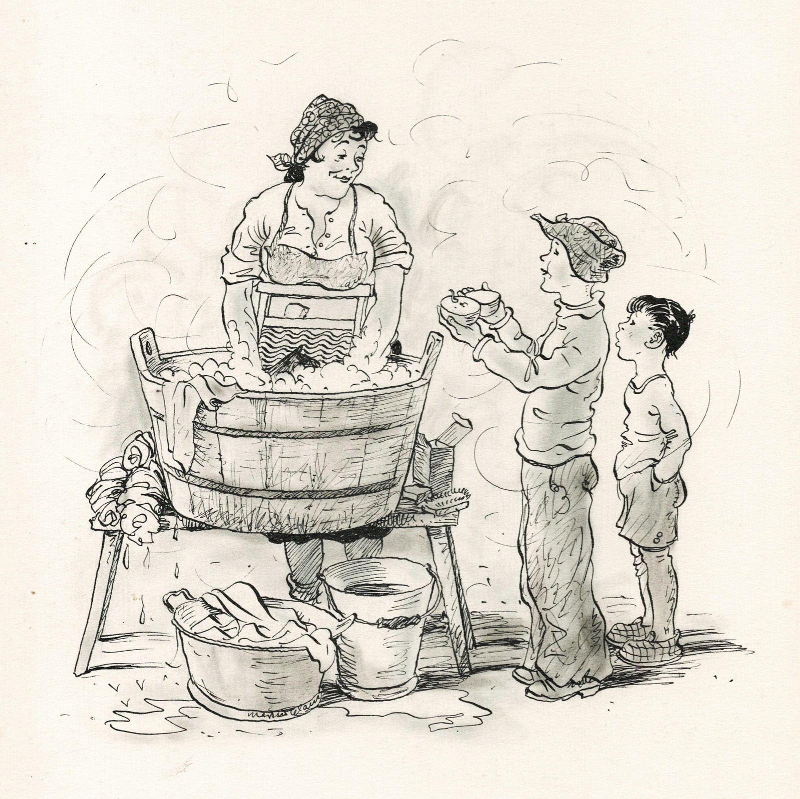 Martin Claus - Wäsche waschen Wäschering Buben Apfel Wurm Zeichnung | eBay