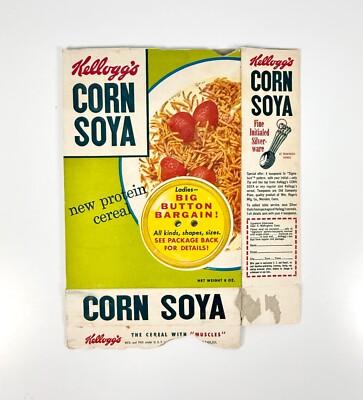 Vintage 1950s Kellogg's Corn Soya Cereal Box Buttons Food Advertising ...