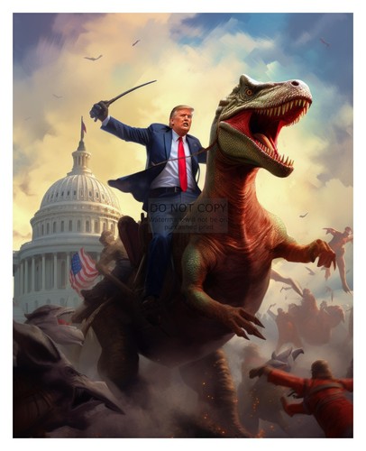 PRESIDENT DONALD TRUMP RIDING T-REX AT THE CAPITOL BRANDISIHING SWORD ...