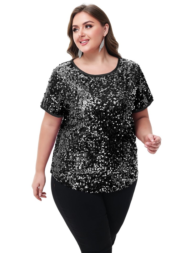 Plus Size Women's Sequin Tops Round Neck Sparkle Glitter Short Sleeve ...