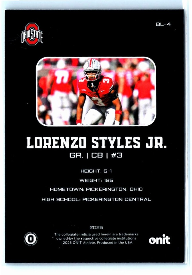 2025 ONIT Athlete Ohio State #BL-4 Lorenzo Styles Jr. Blackout Team Color /199 | eBay