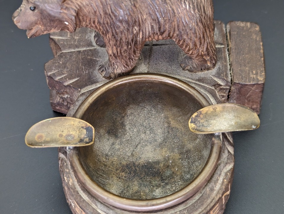 Black Forest Wood Carved Bear Matchbox Holder Stand Vintage Ashtray ...