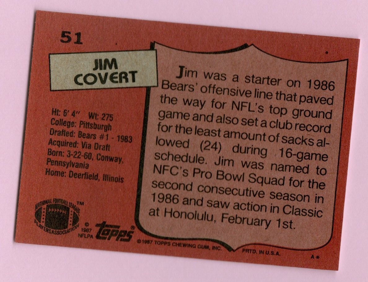 1987 Topps Football #51 Jim Covert Chicago Bears Tackle | eBay