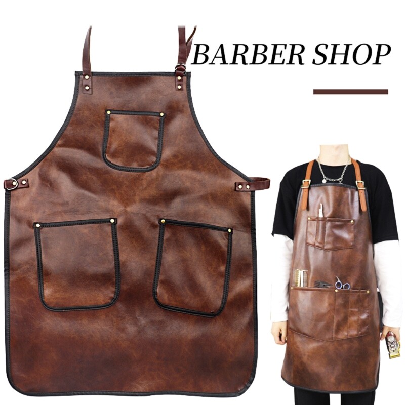 Faux Leather Hairdresser Barber Apron Adjustable Cross-Back Multi ...