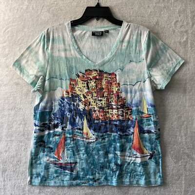 Onque Casual Womans Blouse Top Blue XL Geometric City Bead Short Sleeve ...