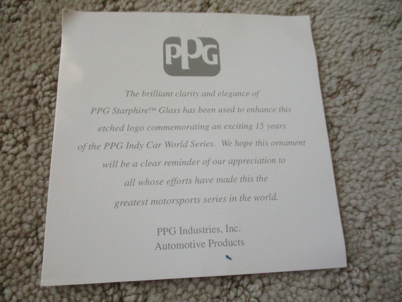1994 PPG 15th Ann. Indy Car World Series Etched Glass 4" Christmas ...
