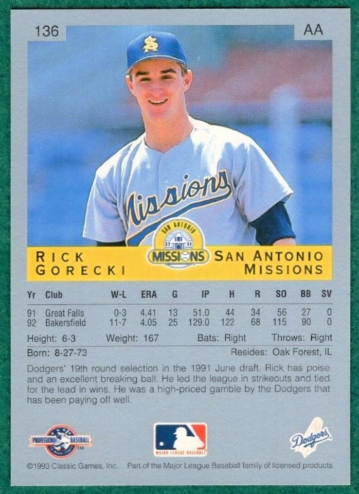Rick Gorecki - 1993 Classic Best #136 - San Antonio Missions Baseball ...