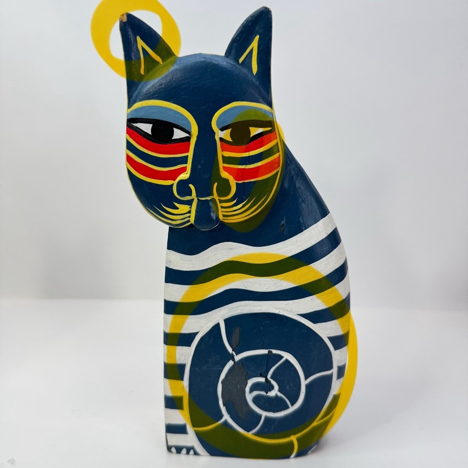 Set of 3 Laurel Burch Style Folk Art Blue/Wht Painted Small Wood Cat ...