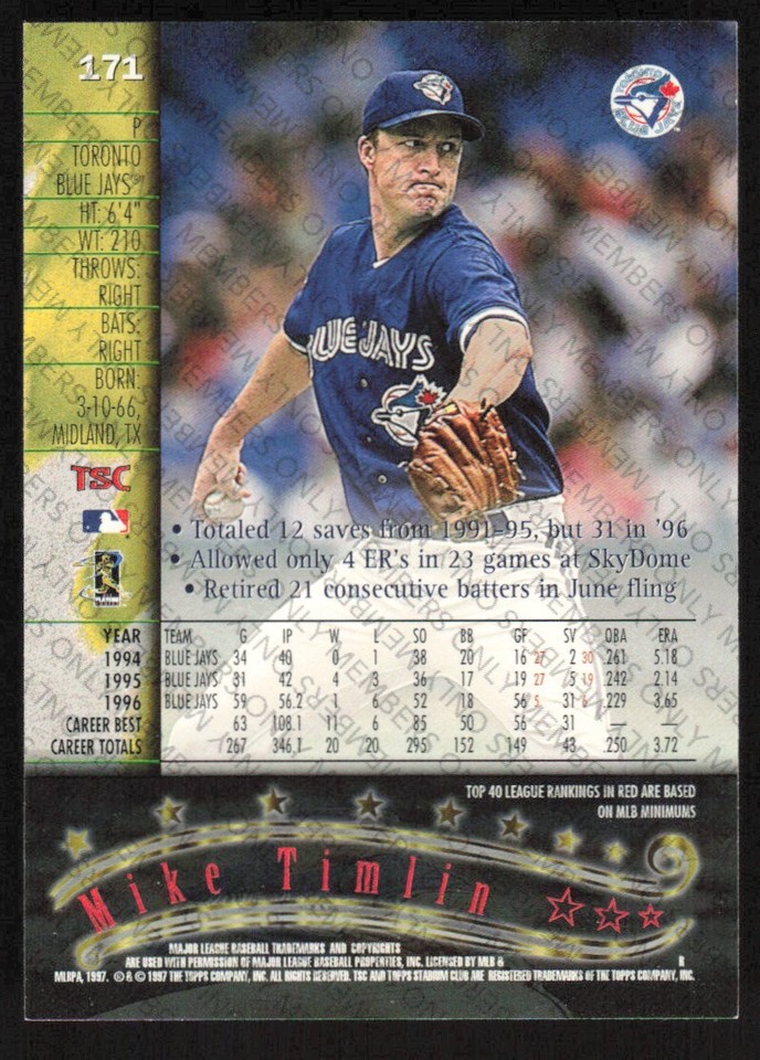 1997 Topps Stadium Club Members Only Mike Timlin #171 Toronto Blue Jays ...