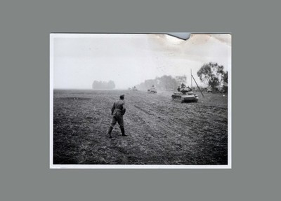 WW2 Era Photo U.S. Army GI In Field With Armored Tanks In Motion | eBay