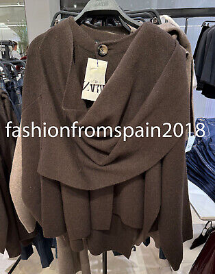 ZARA NEW WOMAN SHORT KNITTED CAPE COAT WITH SCARF BROWN S-M ZARA NEW WOMAN SHORT KNITTED CAPE COAT WITH SCARF BROWN S-M