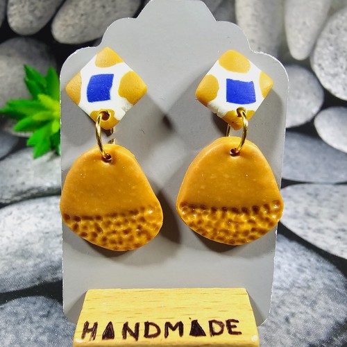 BOHO MUSTARD TAN BLUE TILE DANGLE EARRING GOLD STEEL POLYMER CLAY GIFT ...