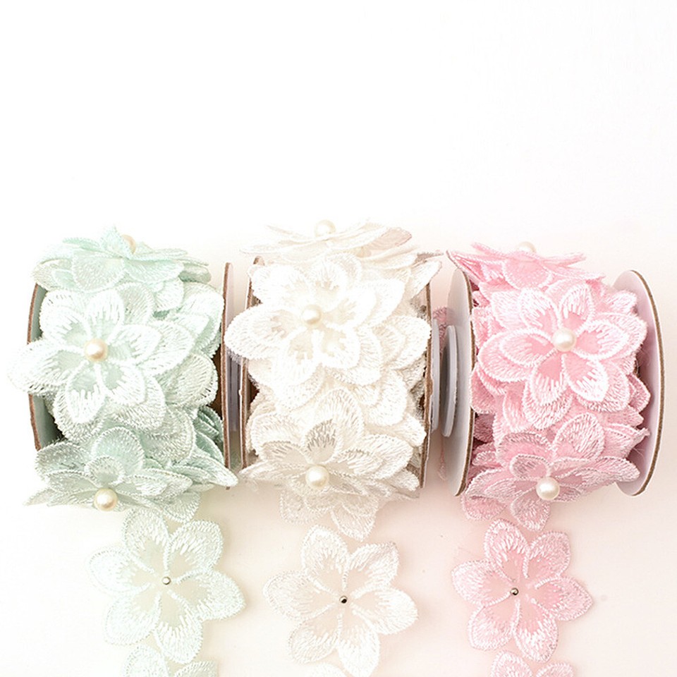1 Yard Flower Lace Trim Beaded Ribbon Embroidered Fabric Wedding Dress ...