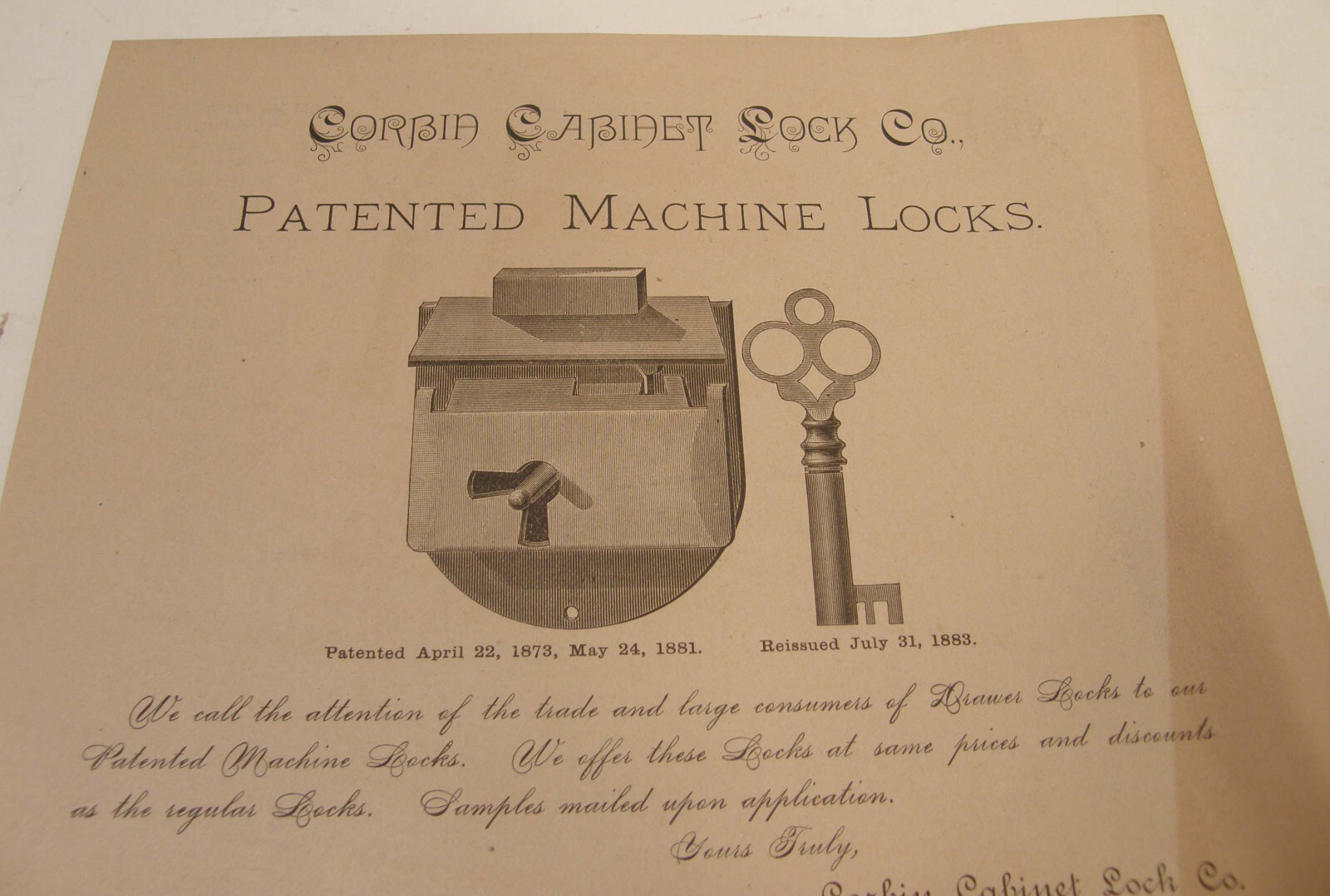 ANTIQUE 1884 ILLUSTRATED CATALOGUE PAGE CORBIN LOCK CO MACHINE DRAWER ...