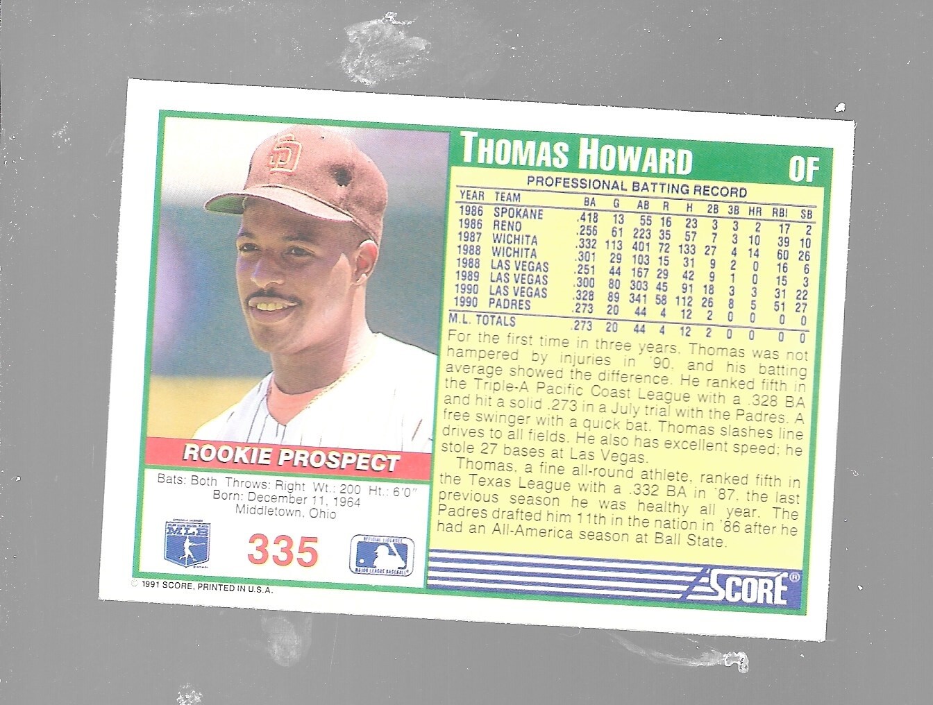 1991 Score Thomas Howard 335 Rookie Prospect San Diego Padres Baseball ...