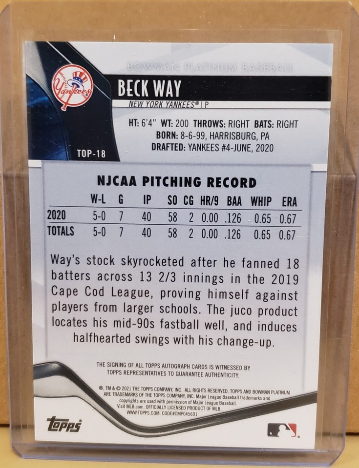 2021 Bowman Platinum Beck Way AUTO Rookie Card #TOP-18 | eBay