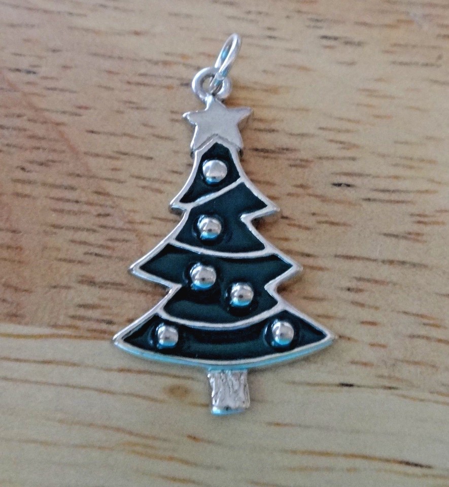 Sterling Silver 26x15mm Green Enamel Christmas Tree star on top Charm ...