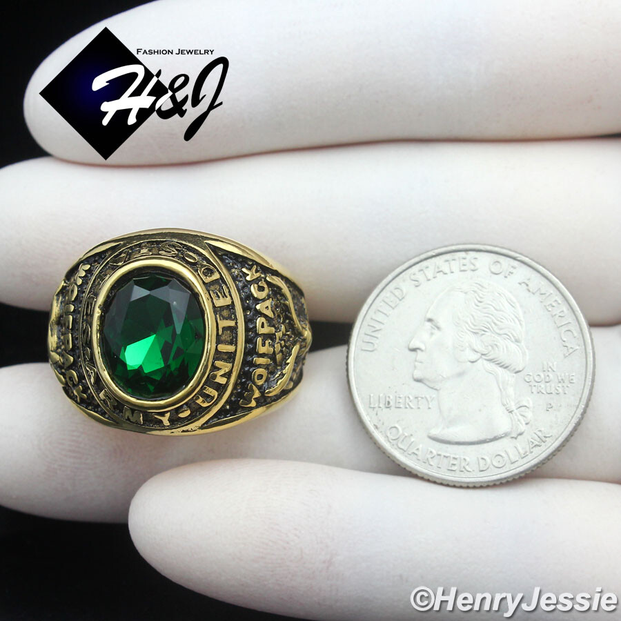 MEN Stainless Steel US Army Military Green Rhinestone Gold/Black Plated ...