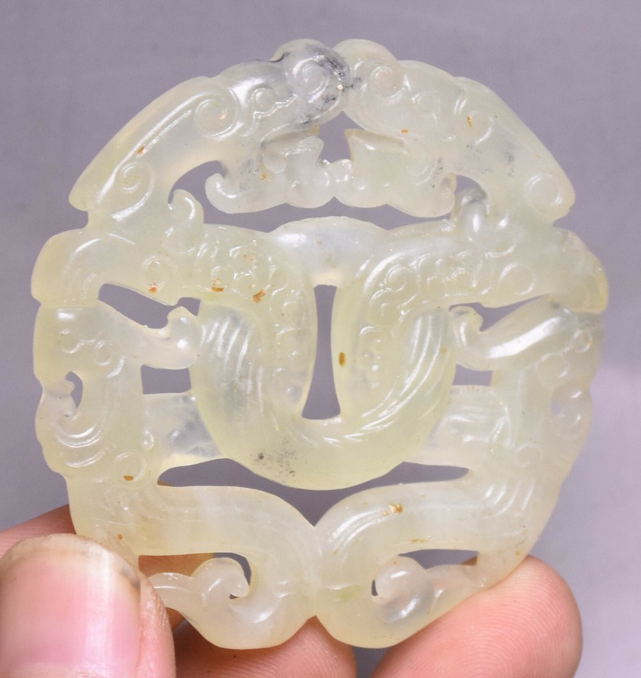 5cm Rare China Old Jade Carving Dynasty 2 Dragon Phoenix Yu Bi Yubi ...