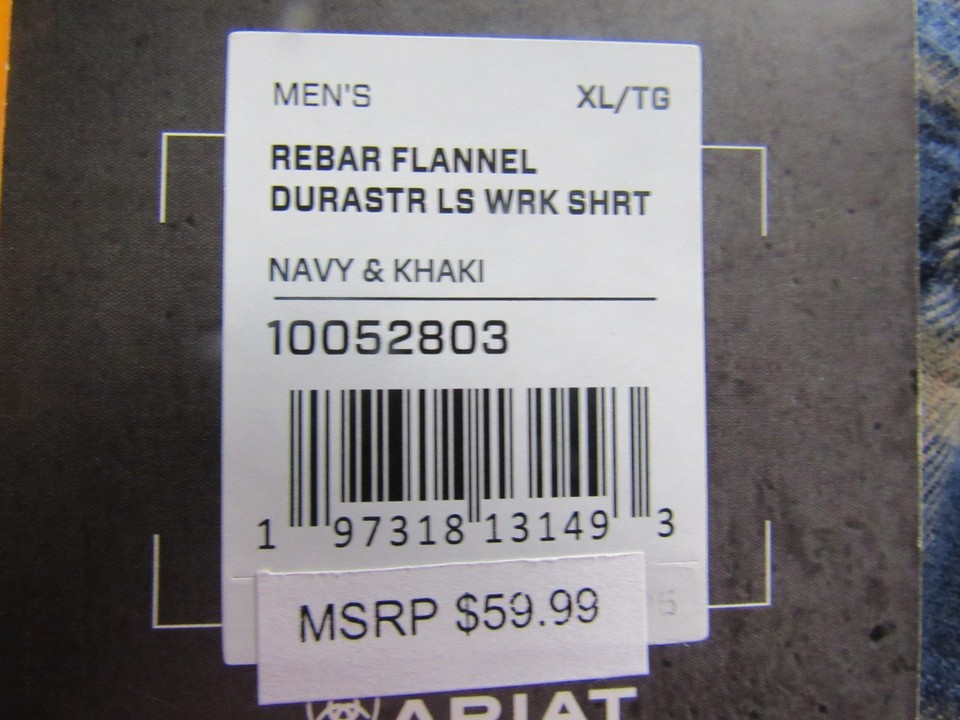NWT MEN'S X-LARGE XL ARIAT REBAR DURASTRETCH LS NAVY/KHAKI PLAID ...