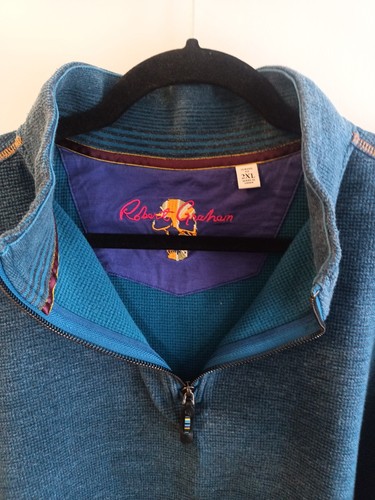 Robert Graham Sweater Mens 2XL Blue Teal 1/4 Zip Pullover Thick Cotton ...