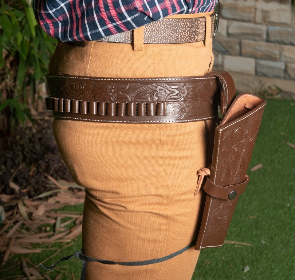 LEATHER WESTERN TOOLED GUN HOLSTER SASS DROP LOOP RIG SAA GUN HOLSTER ...