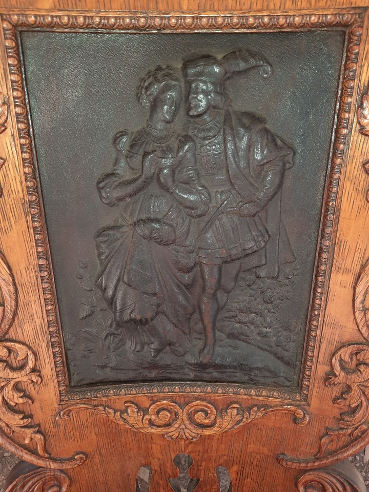 Tigers Oak 1800s Antique Chair Embossed Leather Courting Couple Panel ...