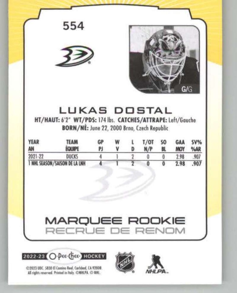2022-23 O-Pee-Chee Yellow Border #554 Lukas Dostal RC Rookie Ducks | eBay