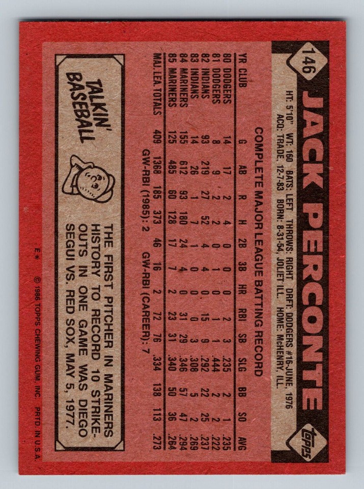 1986 Topps #146 Jack Perconte Seattle Mariners | eBay