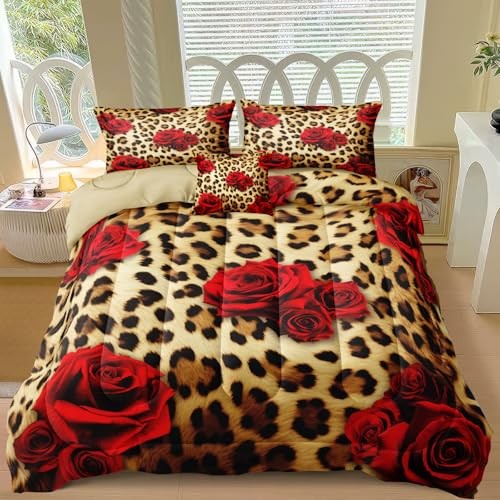 Cheetah Print Comforter Set Size Red Rose Flower Bedding Set 4 King ...