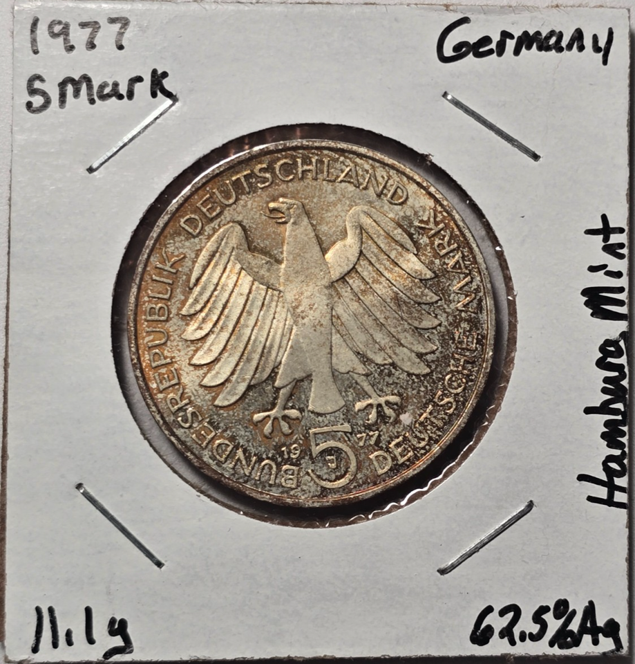 Germany 1977-J 5 Deutsche Marks. KM145. 62.5% Silver. Gauss ...