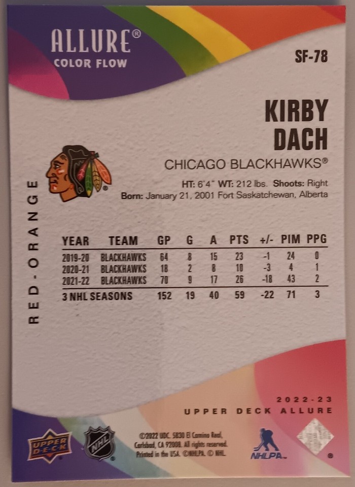 2022-23 Allure Kirby Dach Red-Orange Card # SF-78 Chicago Black Hawks ...