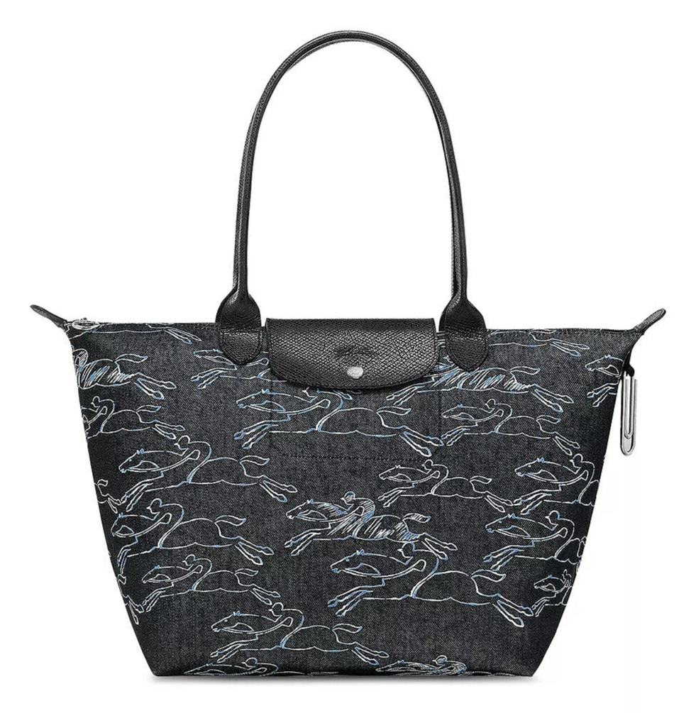 Longchamp Le Pliage Large Logo Horse Print Denim Tote ~NEW~ Navy | eBay