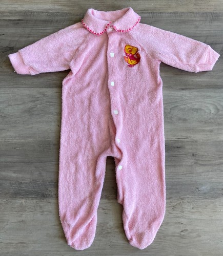 Vintage Baby Girls Pajamas Pink Terry Cloth Duck White Square Snaps ...