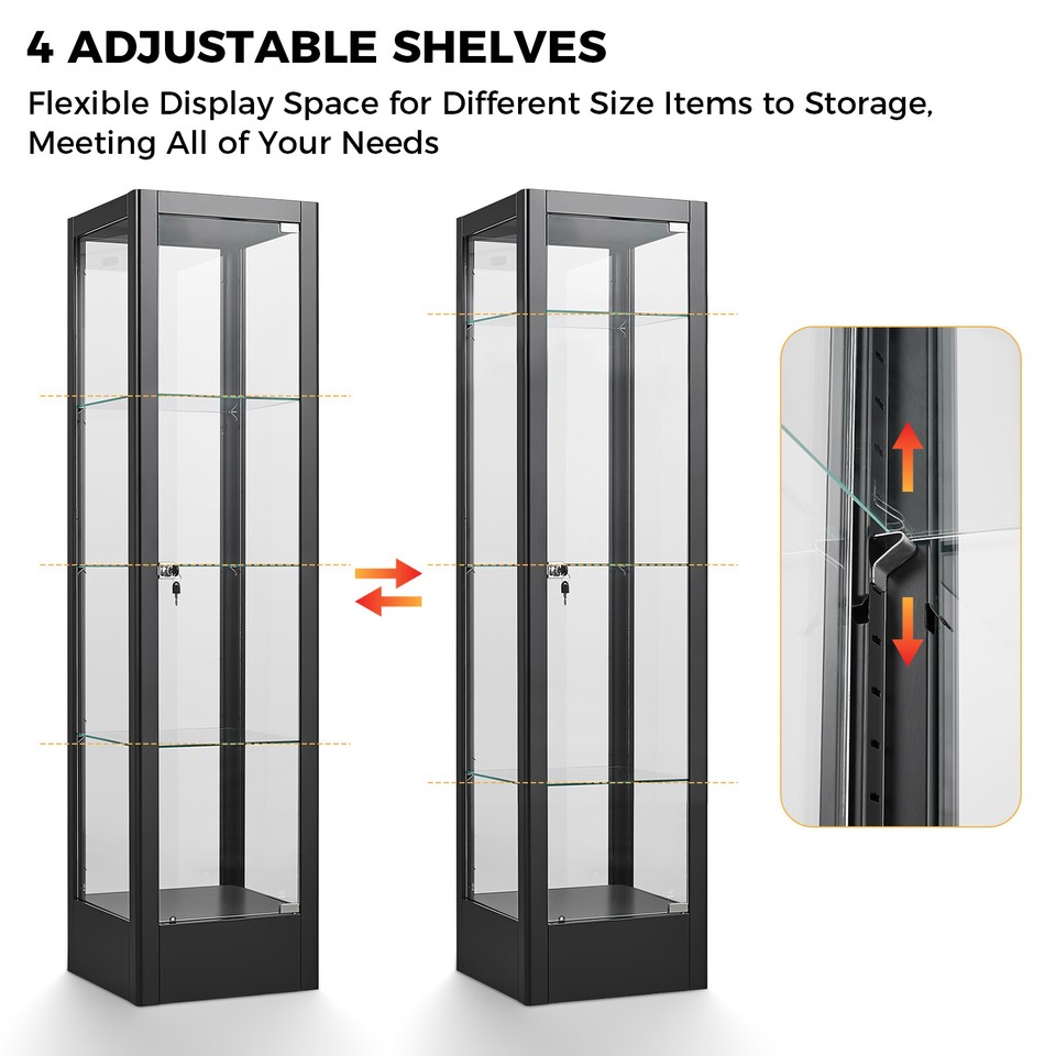 Steel Lockable Display Cabinet Adjustable 4-Tier Curio Bookcase with ...
