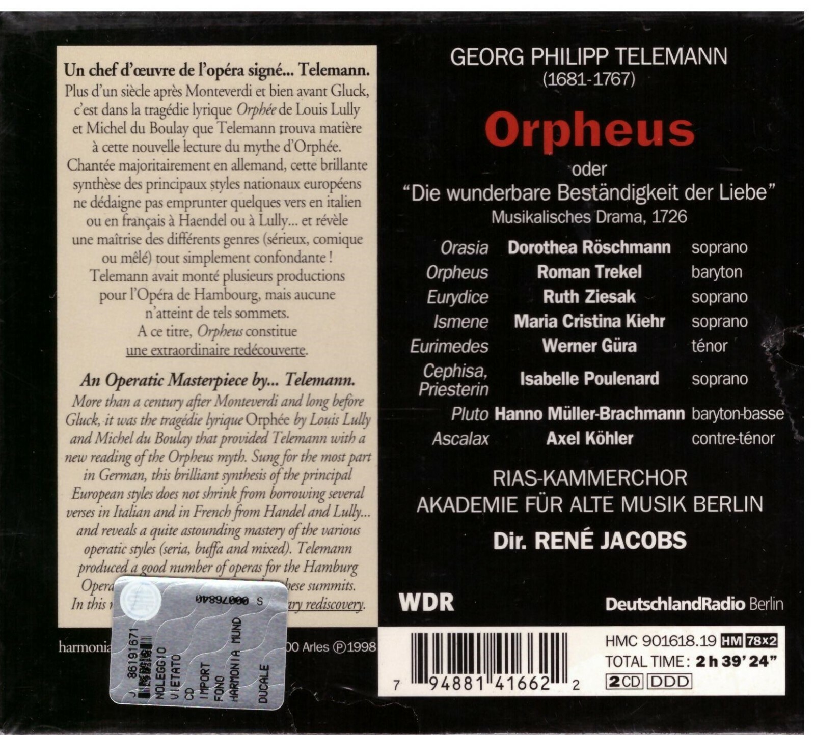 Telemann: Orpheus / René Jacobs, Trekel, Roschmann, Ziesak, Gura - CD ...