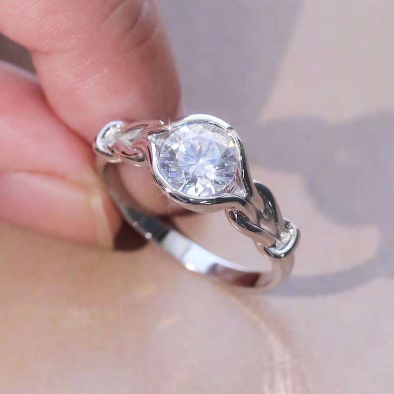 Shiny White Round Natural Moissanite Knot Design Ring In Real 10K White ...