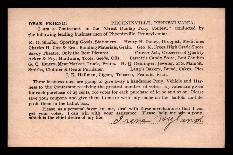 Esther Rowe Thompsontown Phoenixville PA Great Dunlap Pony Contest Ad ...