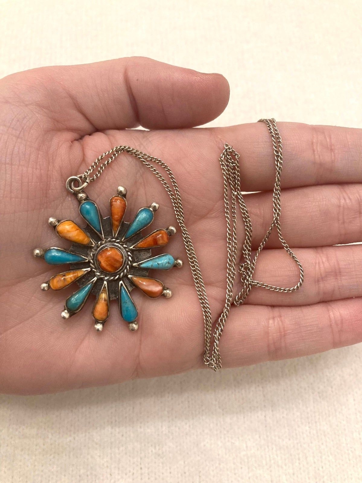 Vintage Turquoise and Spiny Oyster Sun Pendant Neckla… - Gem