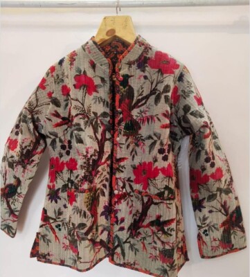 New Indian Grey Bird Velvet Quilted Jacket Handmade Jackets Women's ...