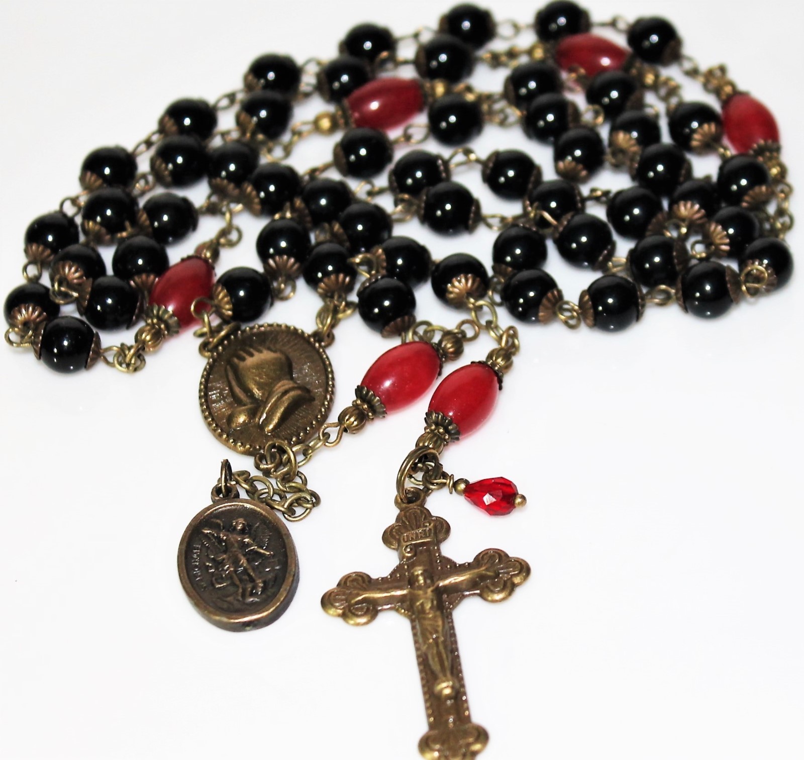 ST. MICHAEL BLACK ONYX & CARNELIAN RED AGATE ANTIQUE BRONZE ROSARY ...