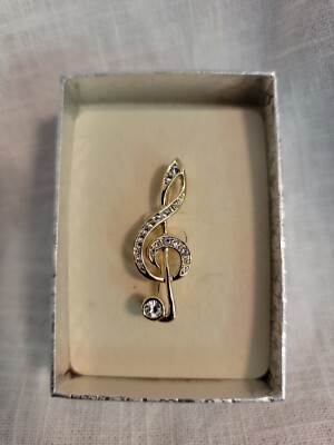 CRYSTAL GOLD TREBLE CLEF BROOCH PIN | eBay