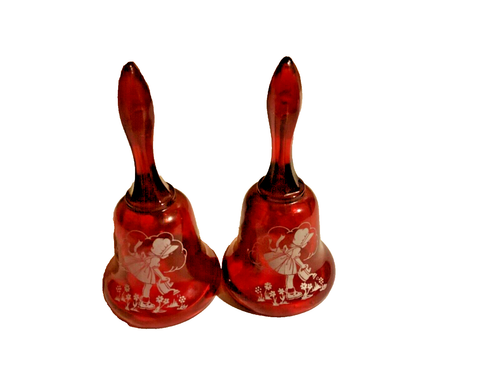 Vintage Pair Ruby Red Glass Mary Gregory Enameling Style Bells | eBay