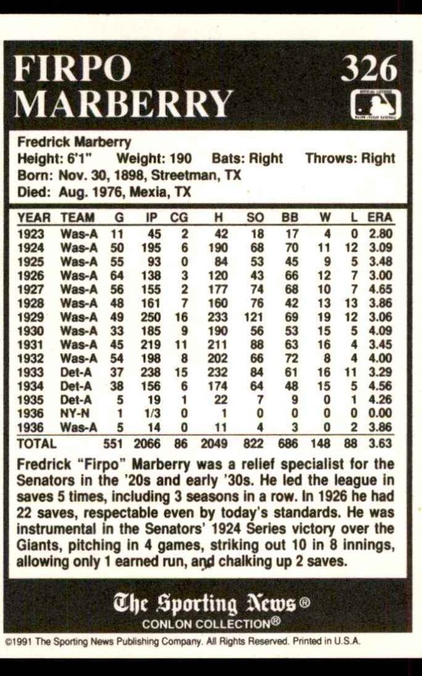 1991 The Sporting News Conlon Collection Firpo Marberry Baseball Cards ...