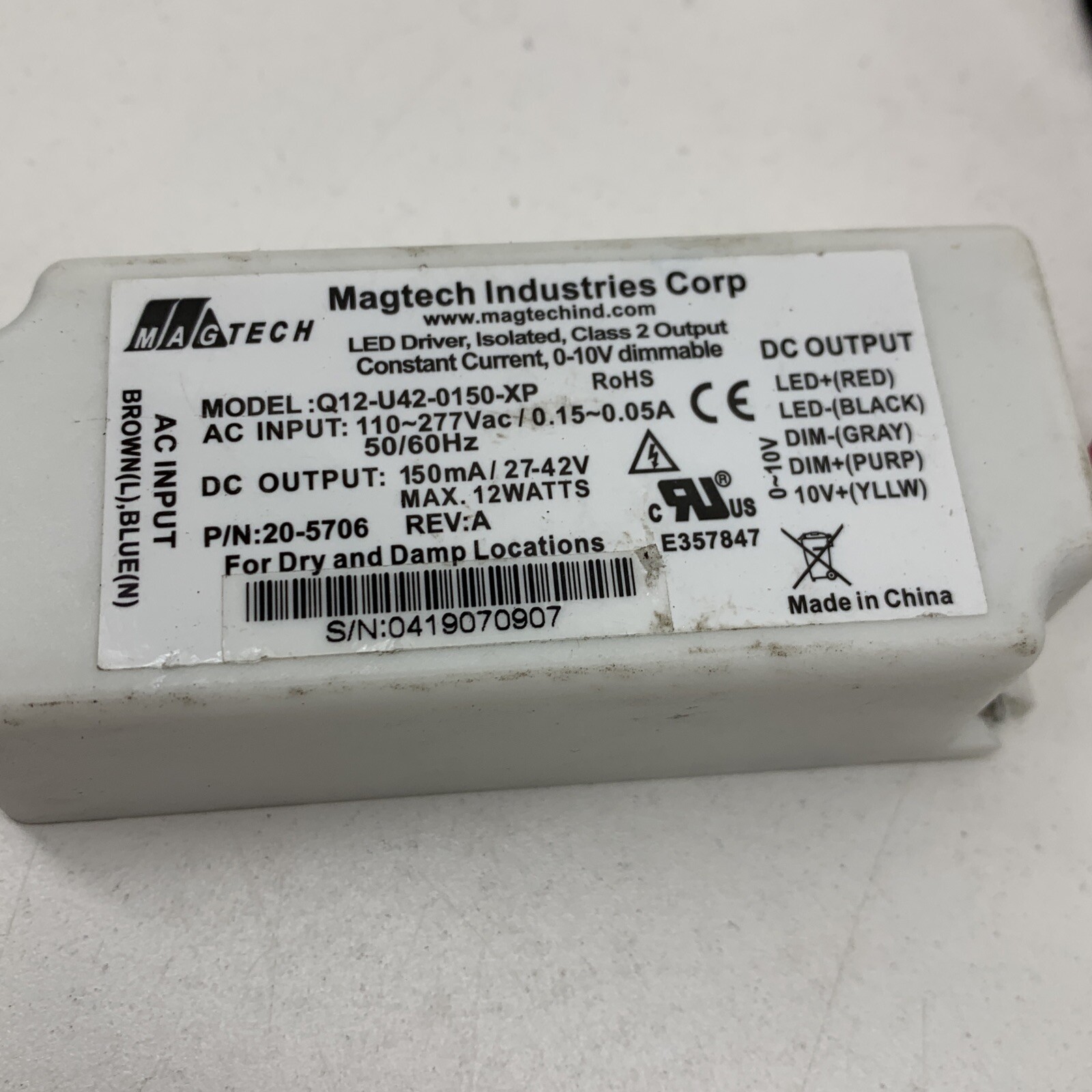 Magtech Q12-U42-0150-XP Constant Current 0-10V Dimmable LED Driver ...
